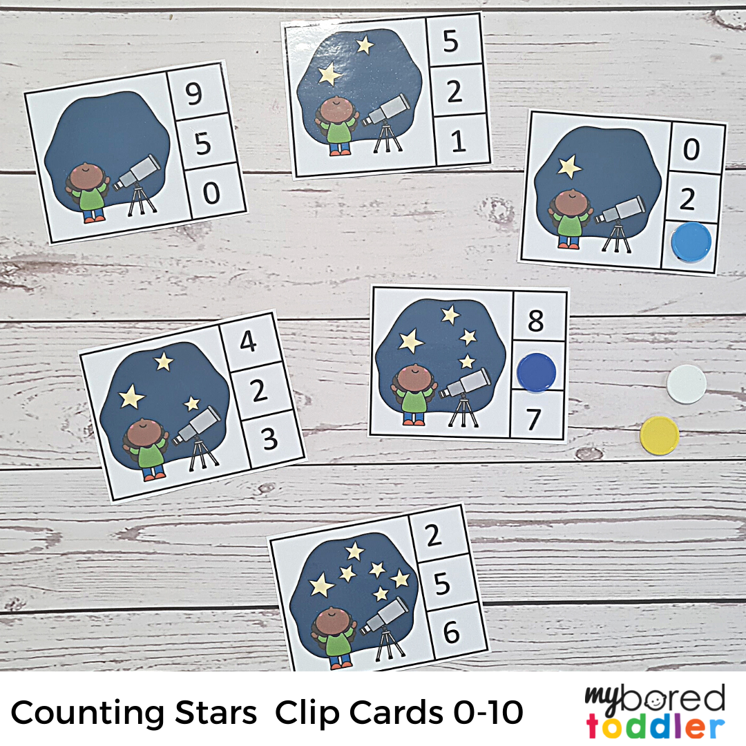 Space Counting Clip Cards - Telescope & Stars - Color & Black and Whit ...