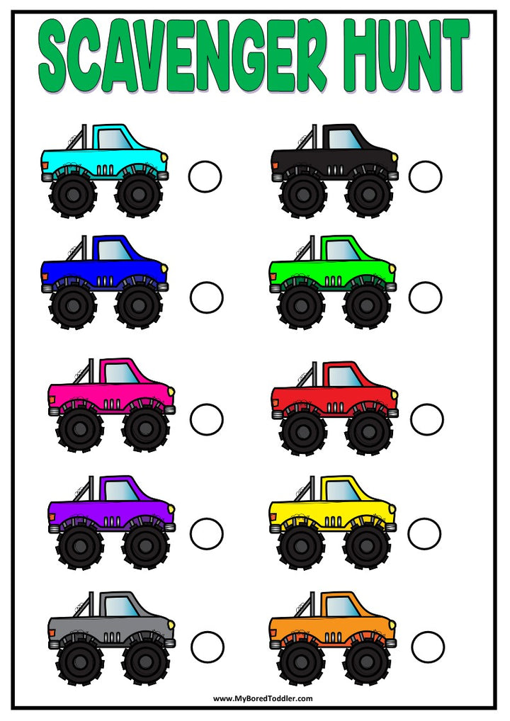 Monster Truck Transport - Scavenger Hunt / Treasure Hunt – My Bored Toddler
