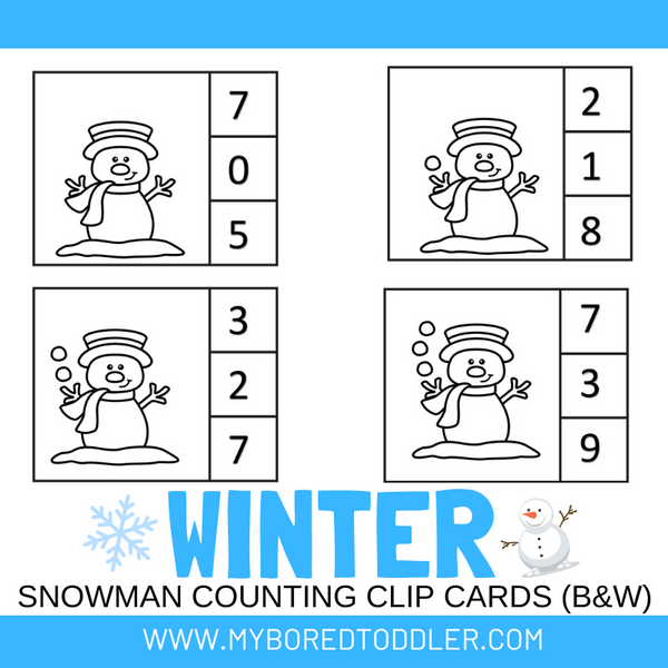 Winter Snowman Counting Clip cards 0 - 10 Color & B&W – My Bored Toddler