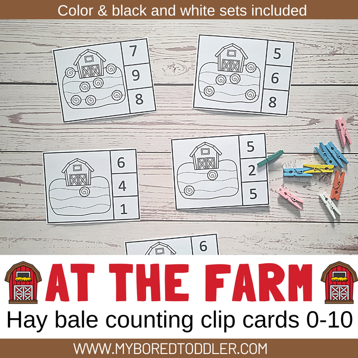 FARM THEMED Counting Clip Cards 0-10 count the hay bales Color & B&W ...