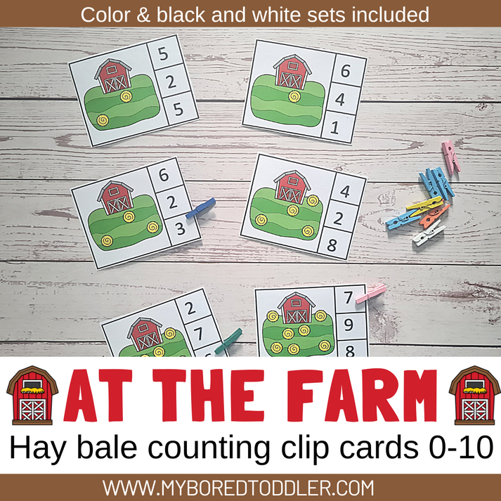 FARM THEMED Counting Clip Cards 0-10 count the hay bales Color & B&W ...
